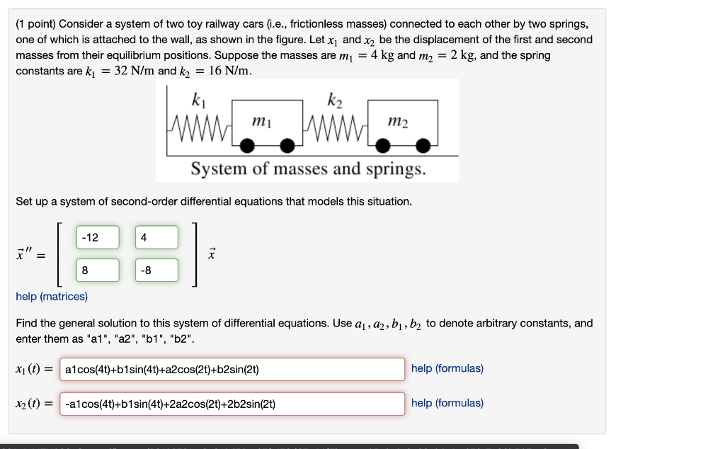 Solved (1 point) Consider a system of two toy railway cars | Chegg.com