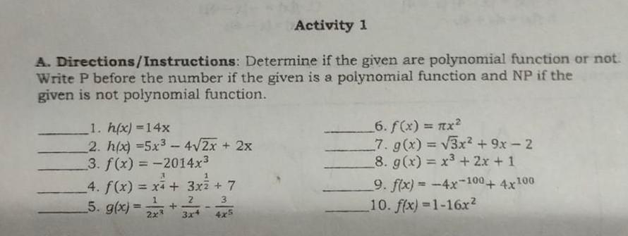 Solved Activity 1 A. Directions/Instructions: Determine if | Chegg.com