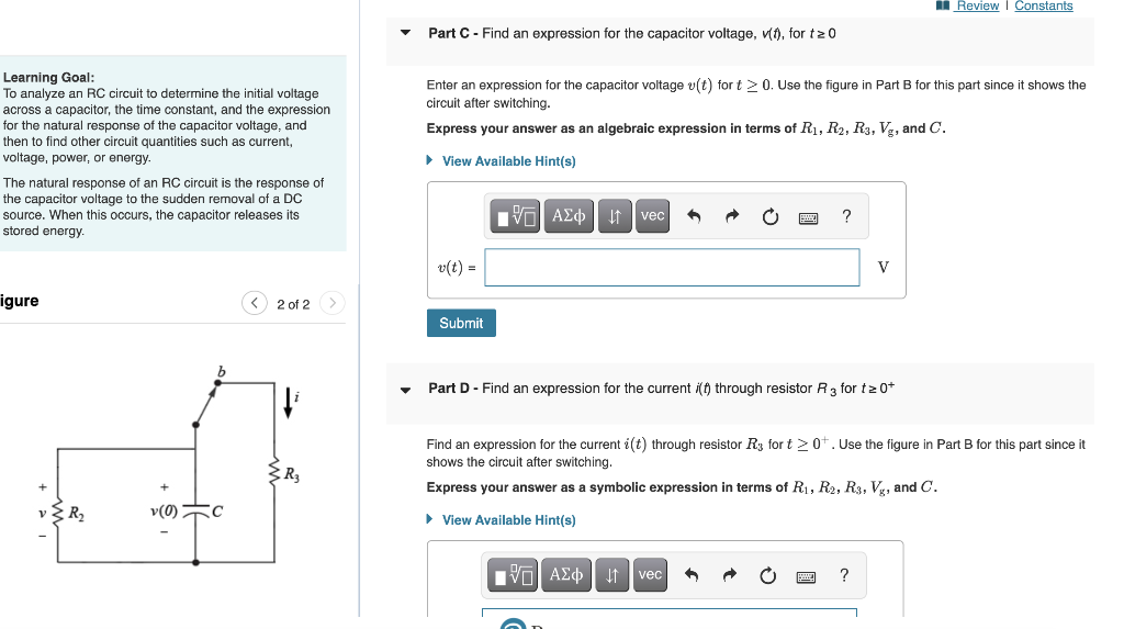 Solved Review Constants Part A - Find the initial voltage | Chegg.com
