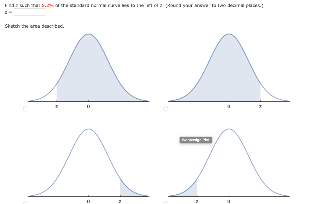 Solved Find z such that 5.2% of the standard normal curve | Chegg.com