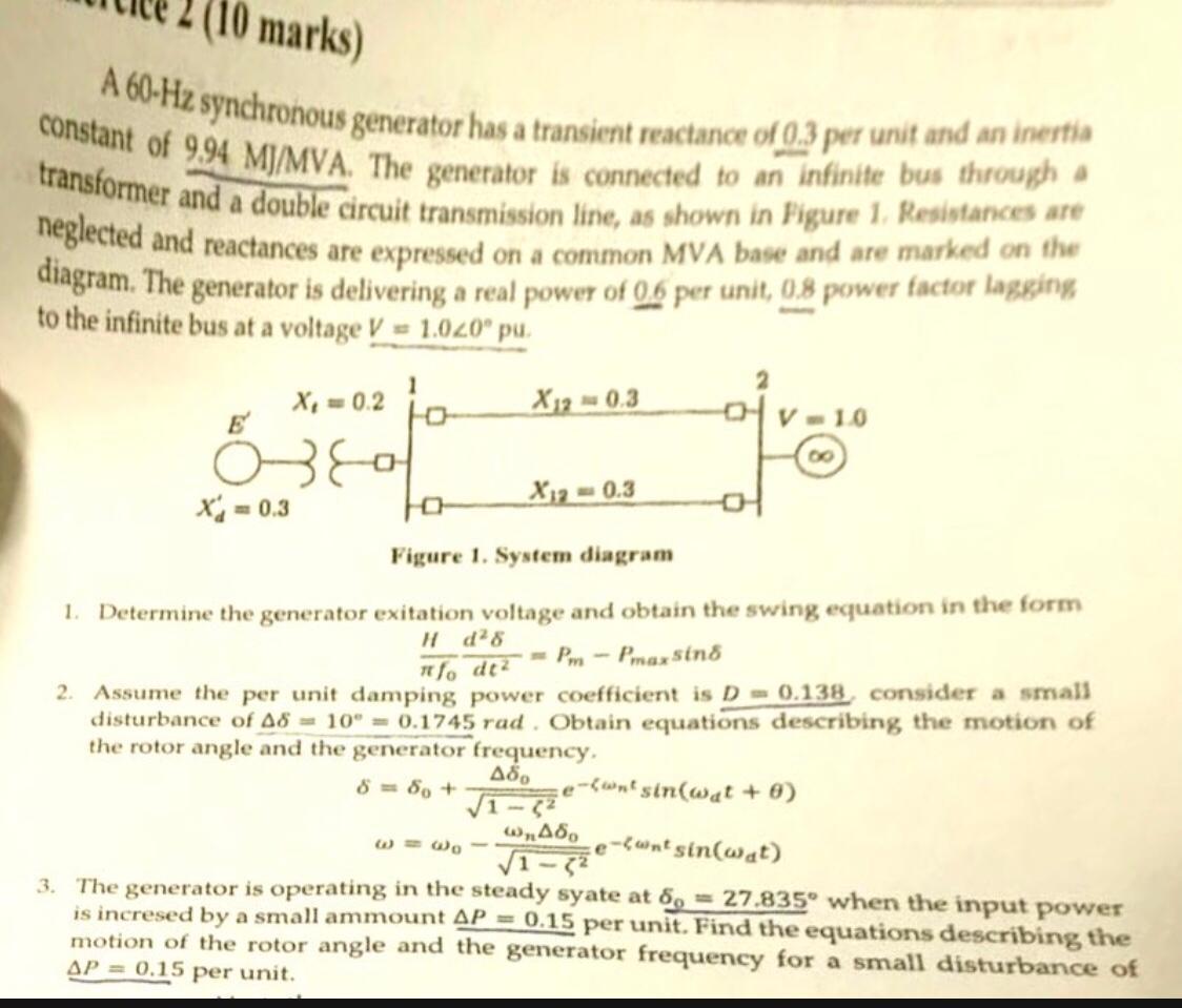 Solved (10 marks) A 60-Hz synchronous generator has a | Chegg.com