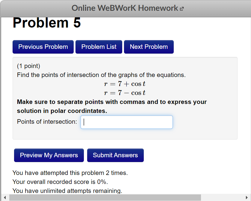 Solved (1 point) Find the points of intersection of the | Chegg.com