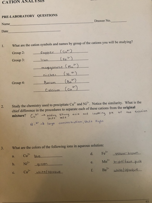 Solved CATION ANALYSIS PRE-LABORATORY QUESTIONS Name Date | Chegg.com