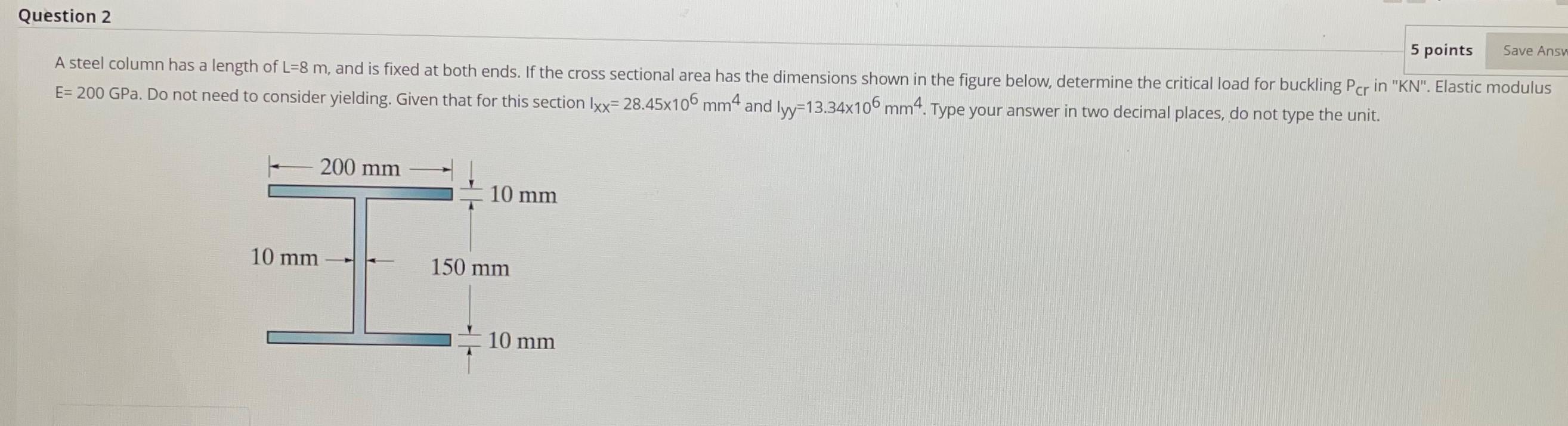 Solved Question 2 5 points Save Answ A steel column has a | Chegg.com
