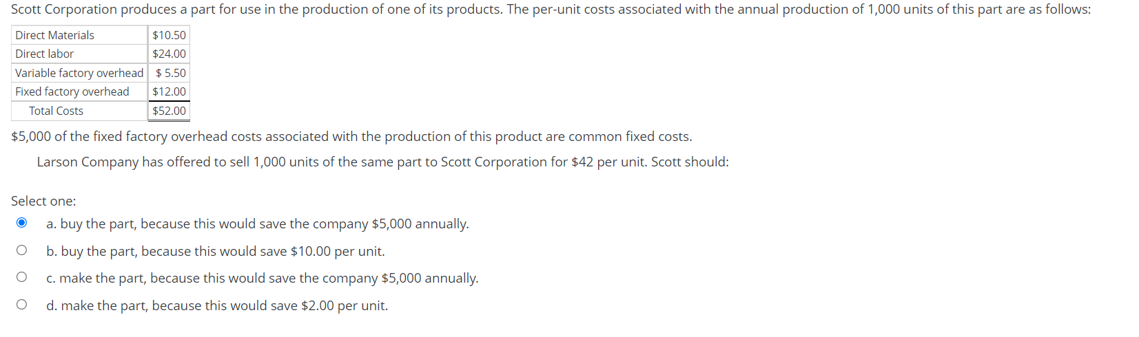 Solved Scott Corporation produces a part for use in the | Chegg.com