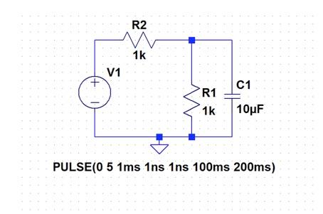 Solved R2 M 1k V1 C1 R1 1k 10uF PULSE(0 5 1ms 1ns 1ns 100ms | Chegg.com