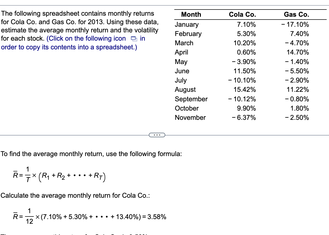 Solved The following spreadsheet contains monthly returns | Chegg.com