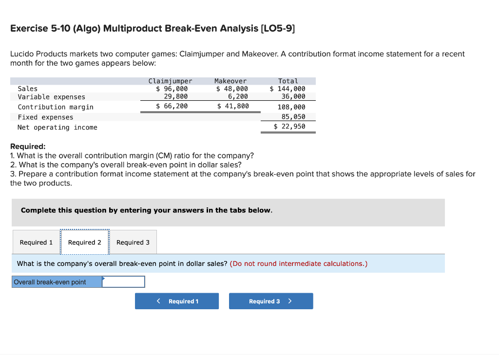 Solved Exercise 5-10 (Algo) Multiproduct Break-Even Analysis | Chegg.com