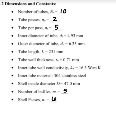 Solved Dimensions and Constants: - Number of tubes, Nt=10 - | Chegg.com