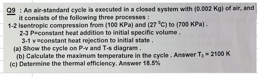 Solved Q9 ﻿: An air-standard cycle is executed in a closed | Chegg.com