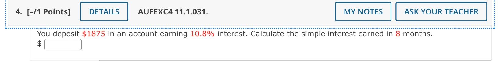 Solved 4. [-/1 Points] DETAILS AUFEXC4 11.1.031. MY NOTES | Chegg.com