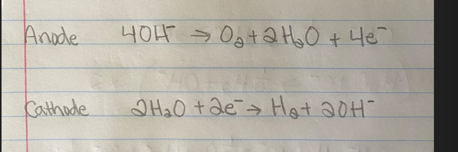 Solved Anode 4H−→O2+2H2O+4e− Cathode 2H2O+2e−→Hθ+2OH− | Chegg.com