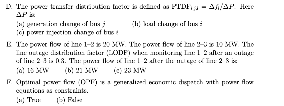 Solved = D. The power transfer distribution factor is | Chegg.com