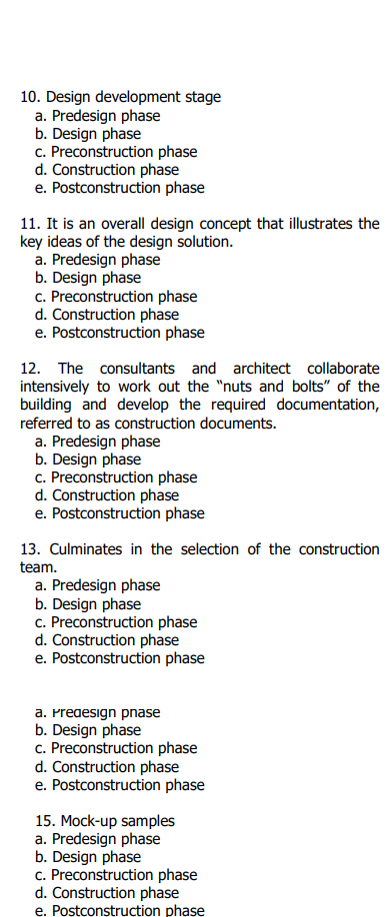 Solved 10. Design development stage a. Predesign phase b. | Chegg.com