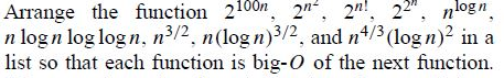 Solved Arrange the function 2100, 21, 2n! 22", nlogn. n logn | Chegg.com