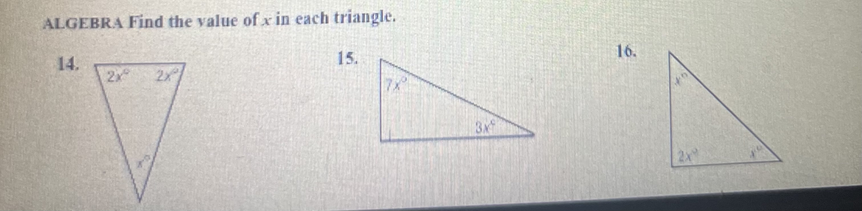 Solved ALGEBRA Find the value of x in each triangle. 14. 15. | Chegg.com