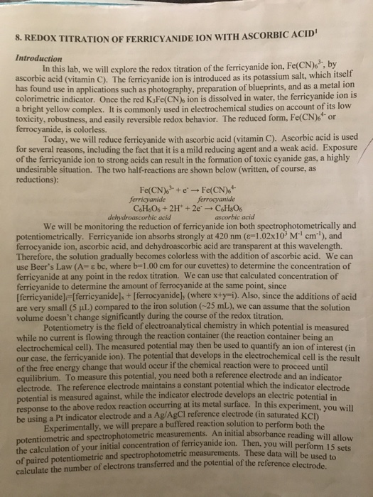 Solved S. REDOx TITRATION oF FERRICYANIDE ION TH ASCORBIC | Chegg.com