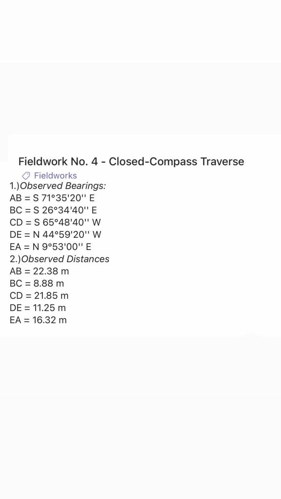 Solved Fieldwork No.4 - Closed-Compass Traverse Fieldworks | Chegg.com