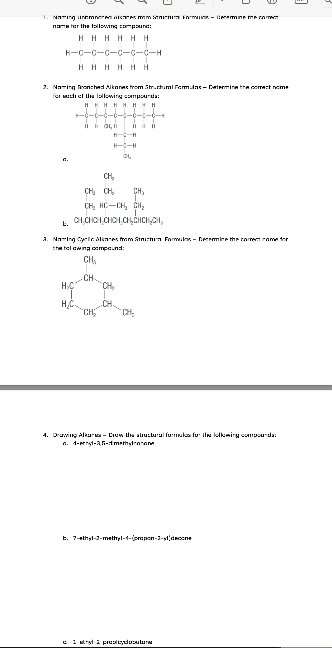 Solved Naming Unbranched Alkanes trom Structural Formulas - | Chegg.com