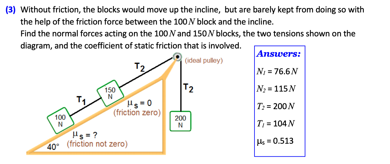 Solved (3) Without friction, the blocks would move up the | Chegg.com