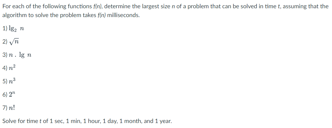 Solved For each of the following functions f(n), determine | Chegg.com