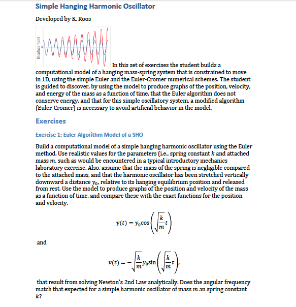 Solved Exercise 4: Euler-Cromer Algorithm Model of a SHO | Chegg.com