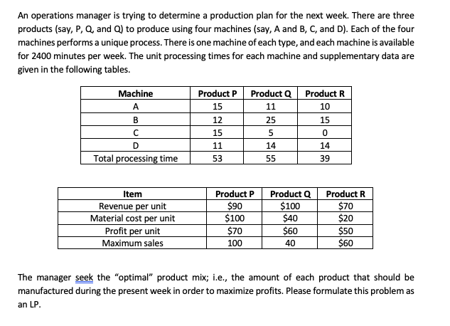 Solved An operations manager is trying to determine a | Chegg.com