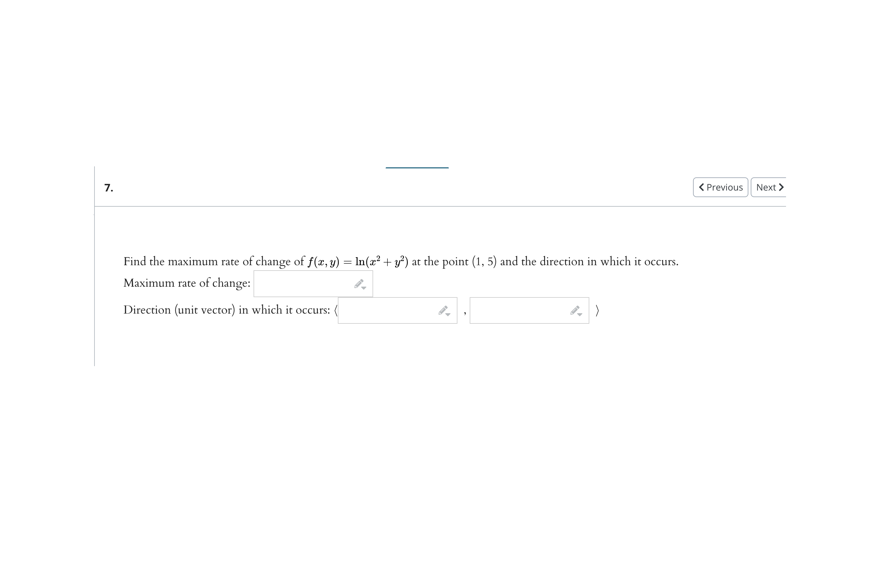 Solved Find the maximum rate of change of f(x,y)=ln(x2+y2) | Chegg.com
