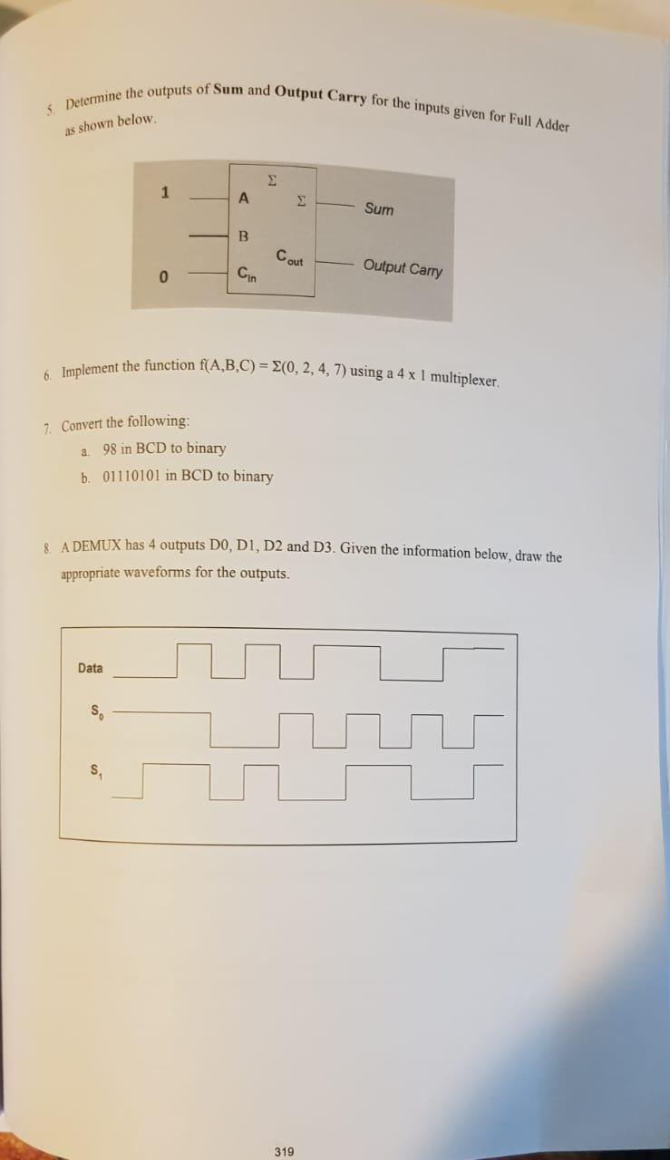 [solved] 5 Determine The Outputs Of Sum And Output Carry