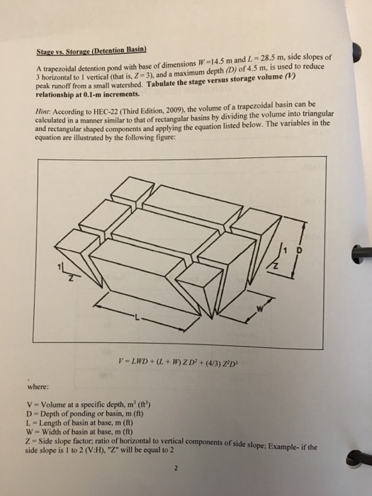 Solved Stage vs. Storage (Detention Basin 3 horizontal to I | Chegg.com