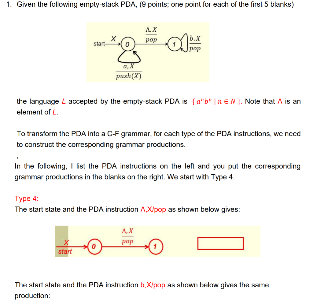 1. Given the following empty-stack PDA, (9 points; | Chegg.com