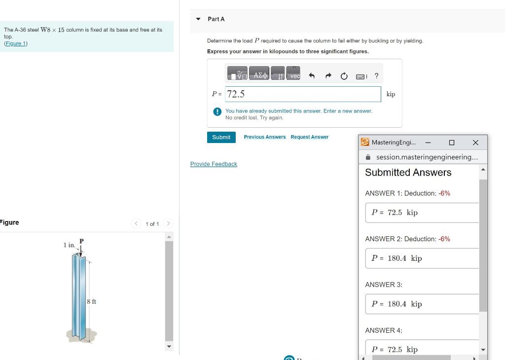 Solved The A-36 steel W8 ×15 column is fixed at its base and | Chegg.com
