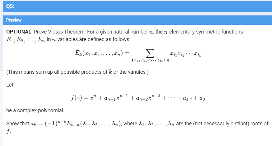 Solved Q5: Preview OPTIONAL: Prove Vieta's Theorem: For a | Chegg.com