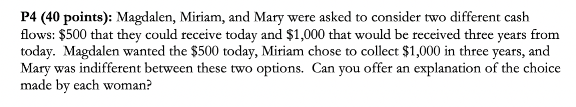 Solved P4 (40 points): Magdalen, Miriam, and Mary were asked | Chegg.com