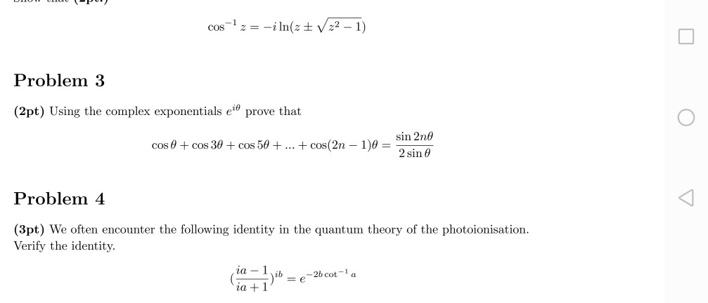 Solved cos-12 = -i ln(2 + V22 - 1) Problem 3 (2pt) Using the | Chegg.com
