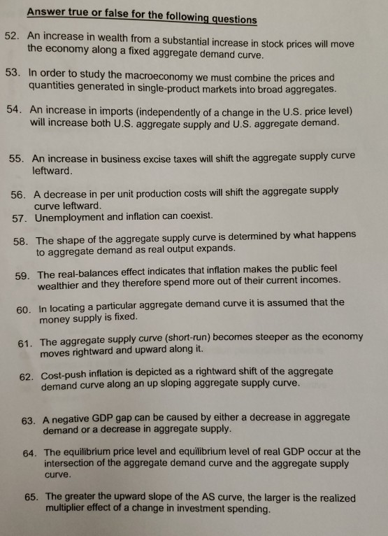 Solved Answer true or false for the following questions 52. | Chegg.com