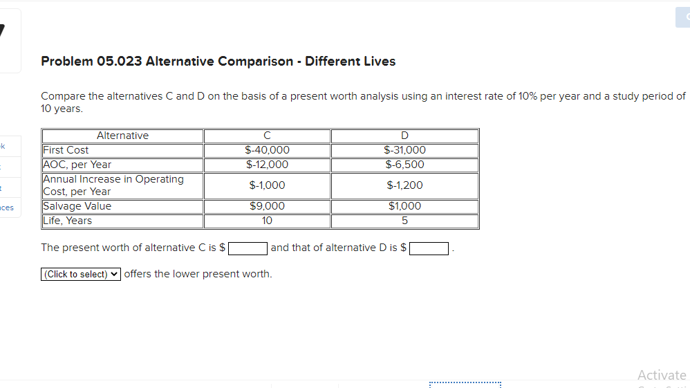 Solved Problem 05.020 Alternative Comparison - Different | Chegg.com