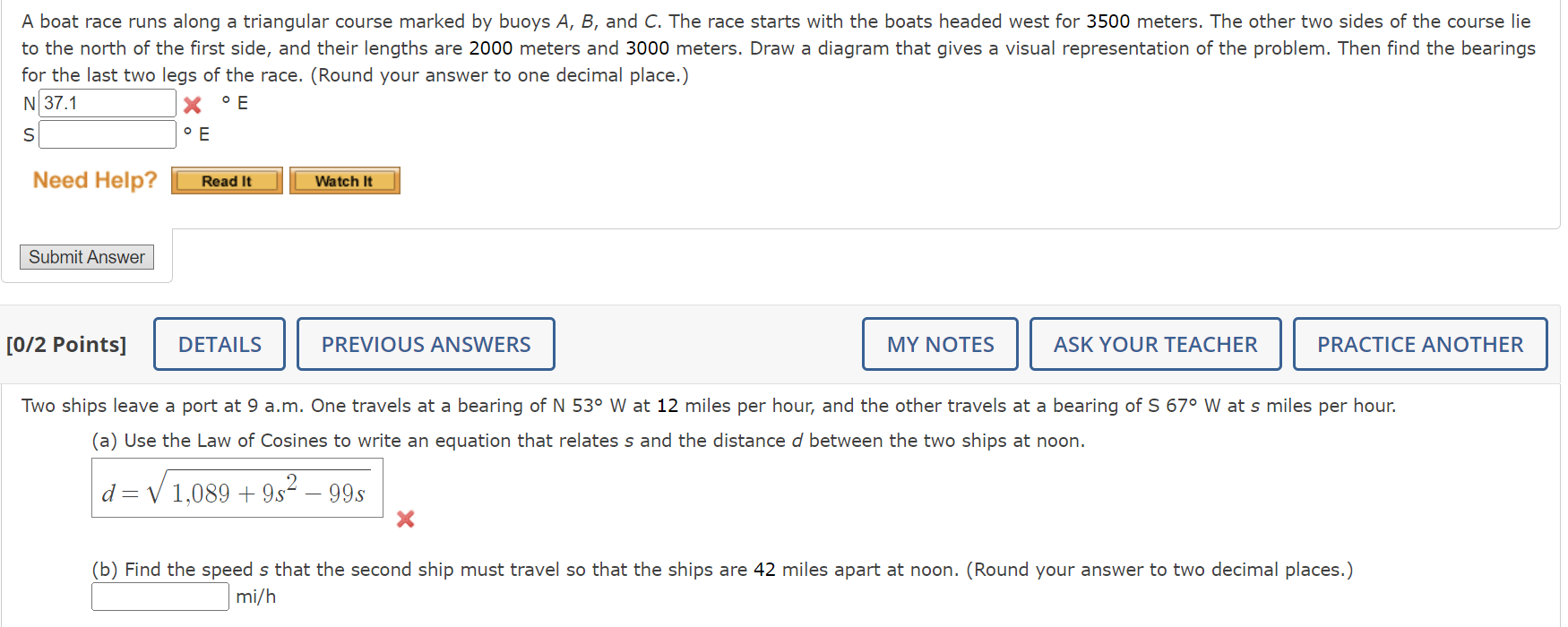 Solved A boat race runs along a triangular course marked by | Chegg.com