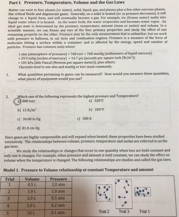 Solved Part I. Pressure, Temperature, Volume and the Gas | Chegg.com