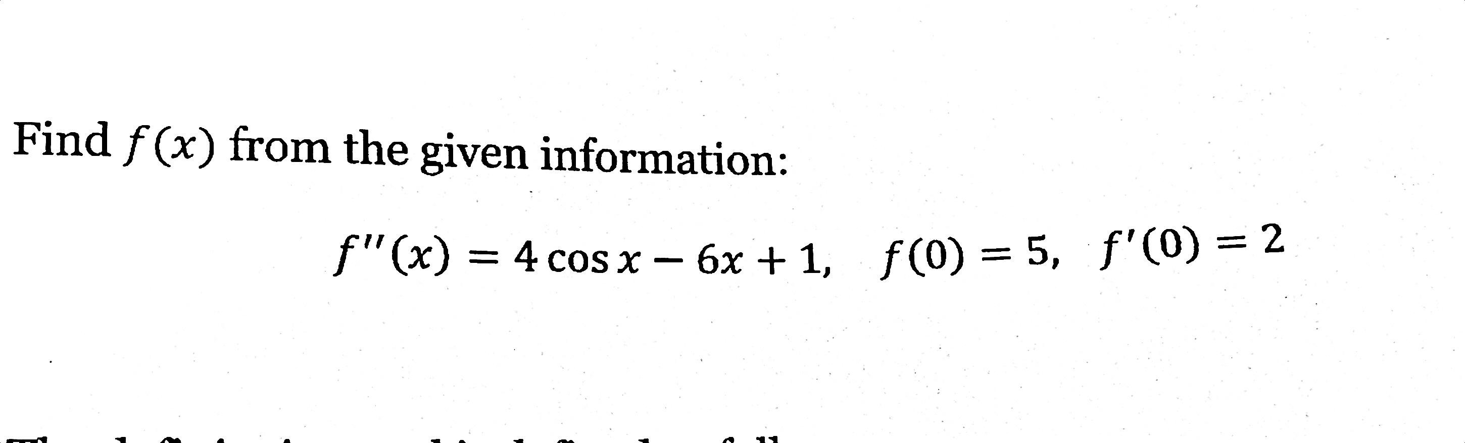 Solved Find f (x) from the given information: f"(x) = 4 cos | Chegg.com