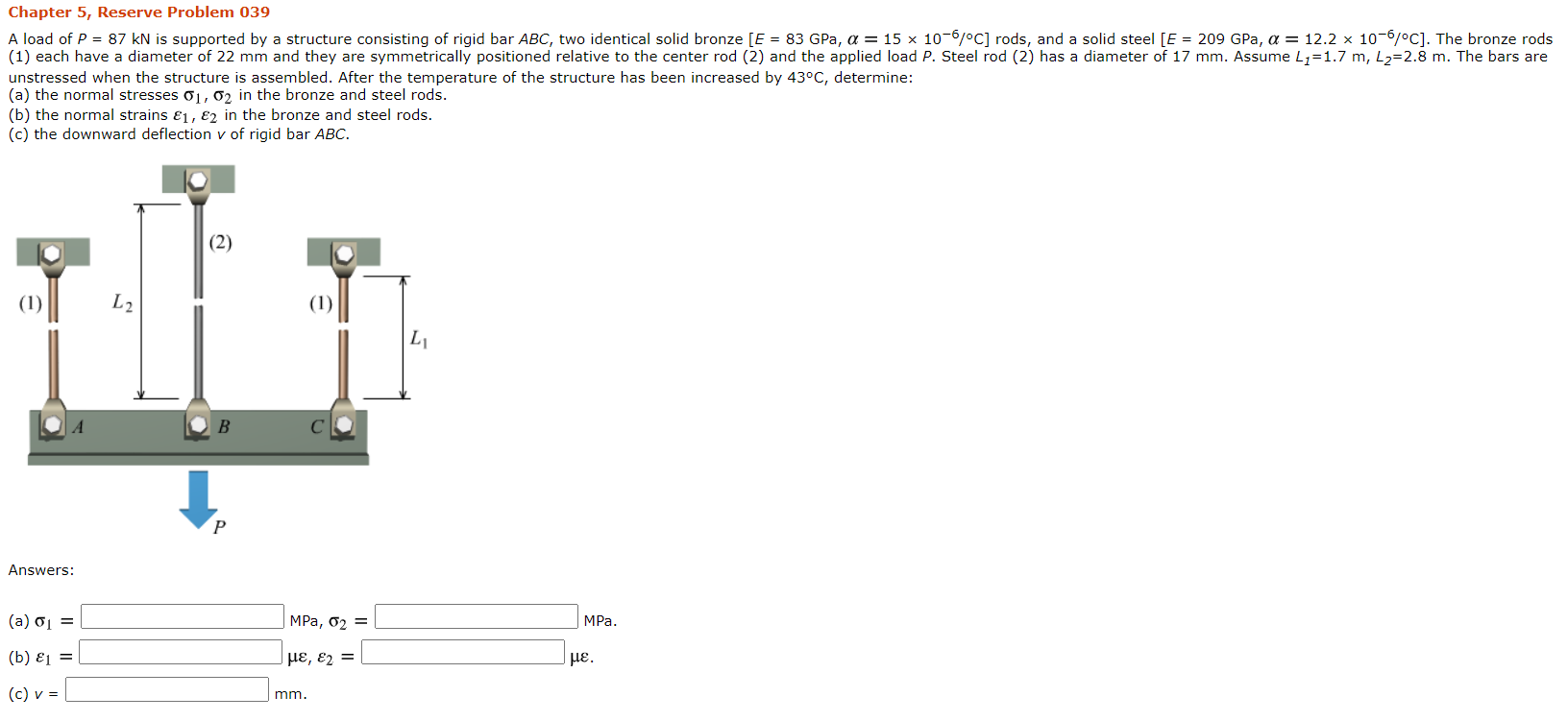 Solved A load of P = 87 kN is supported by a structure | Chegg.com