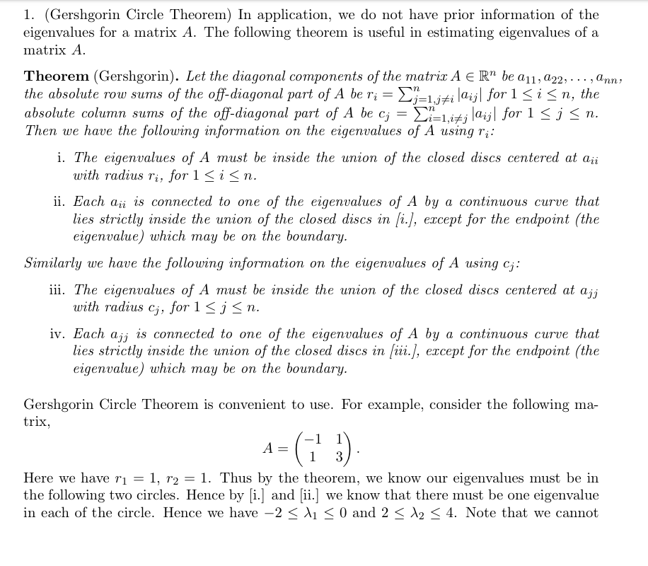 Solved = Σ3 1. (Gershgorin Circle Theorem) In application, | Chegg.com