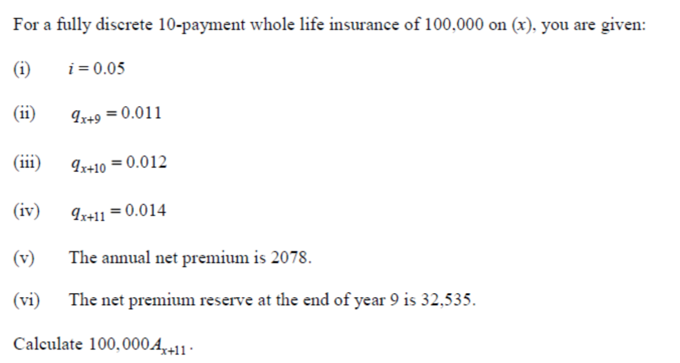 Solved For a fully discrete 10-payment whole life insurance | Chegg.com