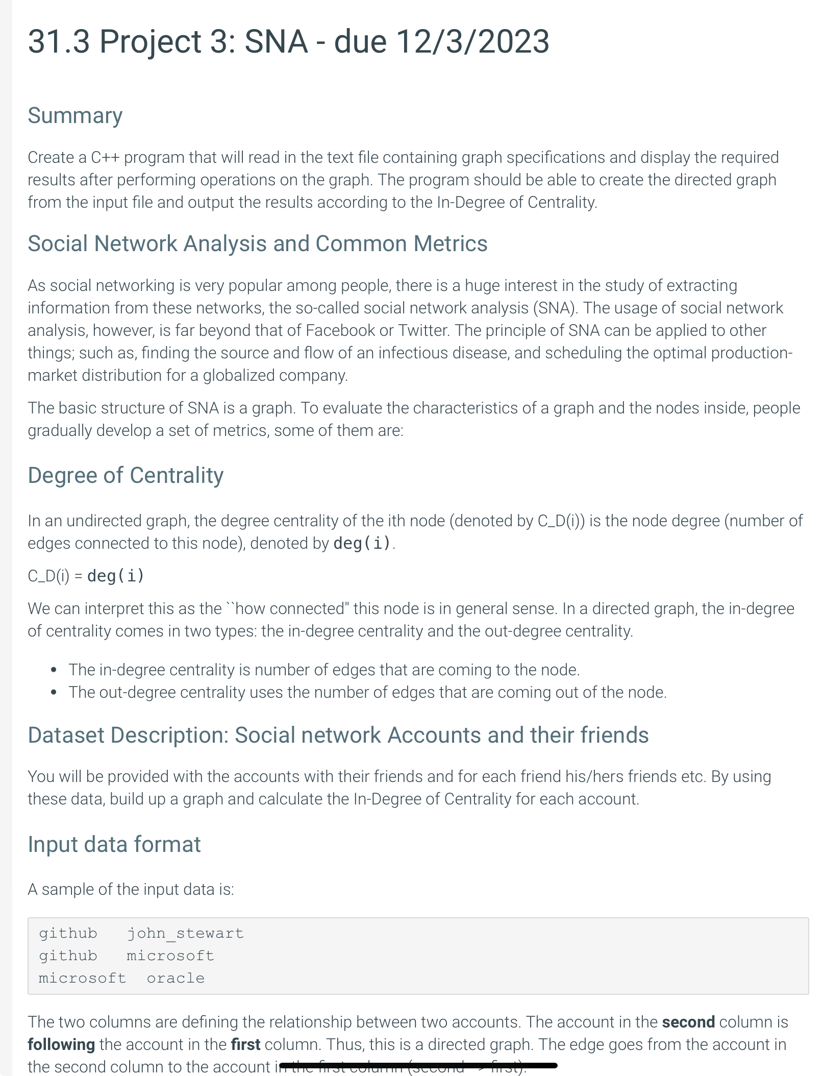 Solved 31.3 ﻿Project 3: SNA - ﻿due 12/3/2023SummaryCreate a | Chegg.com