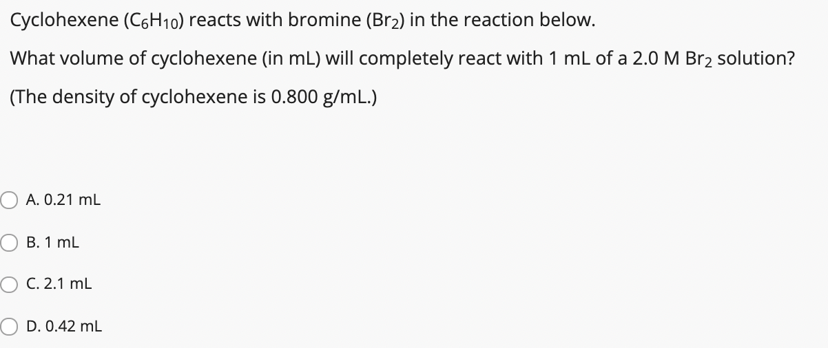 Solved Cyclohexene (C6H10) reacts with bromine (Br2) in the | Chegg.com