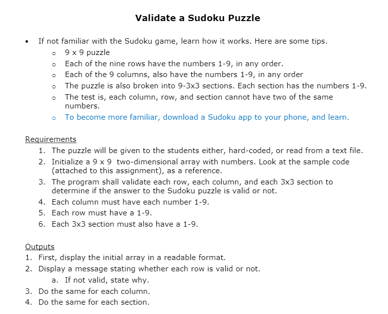 Solved Validate a Sudoku Puzzle • If not familiar with the | Chegg.com