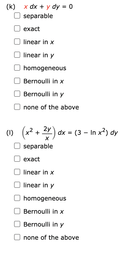 Solved (m) dxdy=yx+xy+1 separable exact linear in x linear | Chegg.com