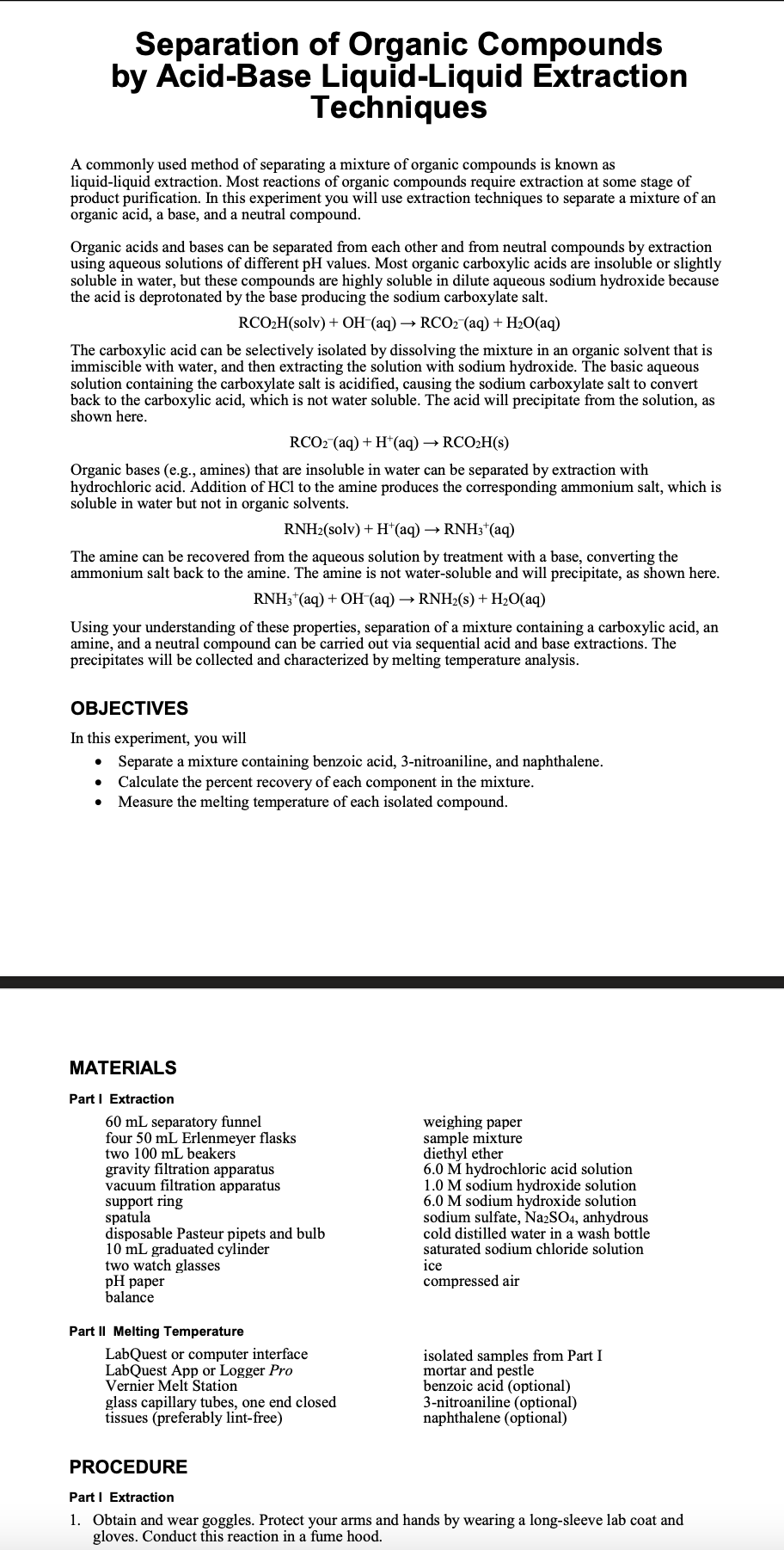 Solved Separation of Organic Compounds by Acid-Base | Chegg.com