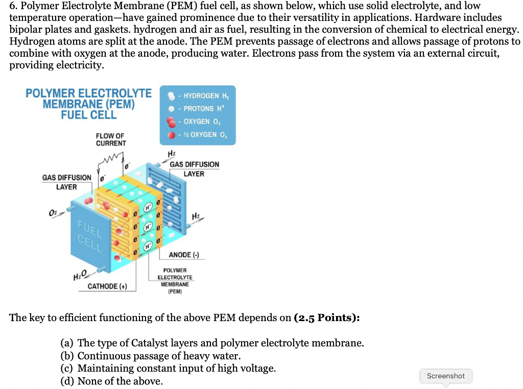 Solved 6. Polymer Electrolyte Membrane (PEM) fuel cell, as | Chegg.com