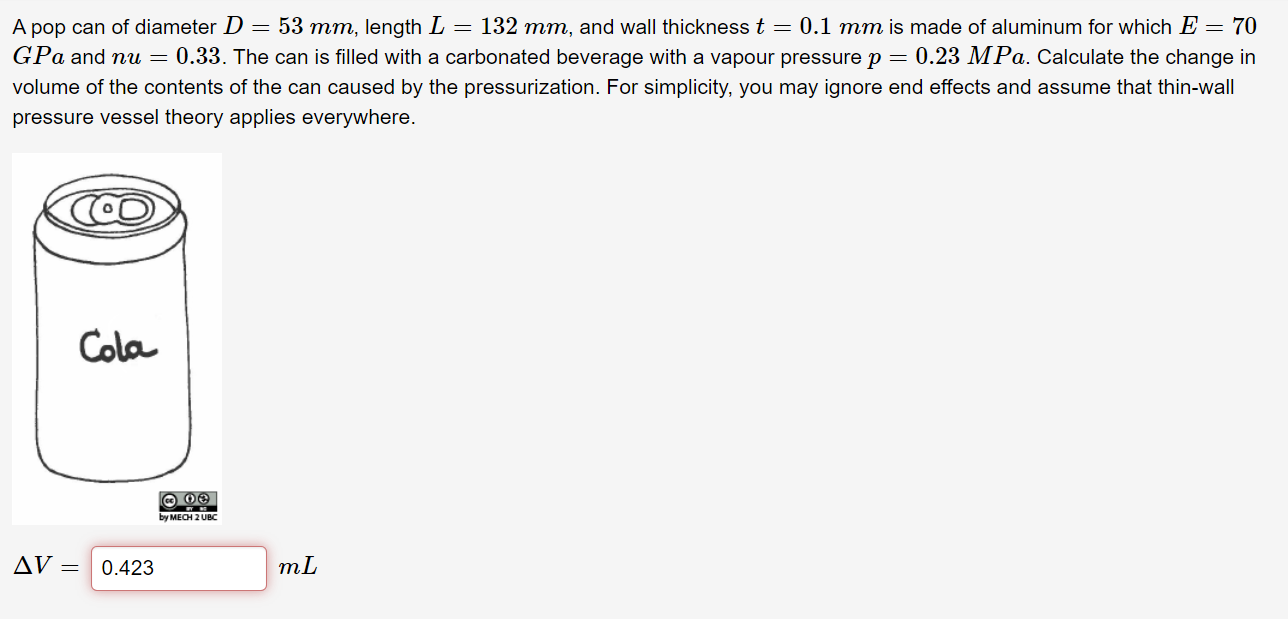 Solved A pop can of diameter D = 53 mm, length L= 132 mm, | Chegg.com